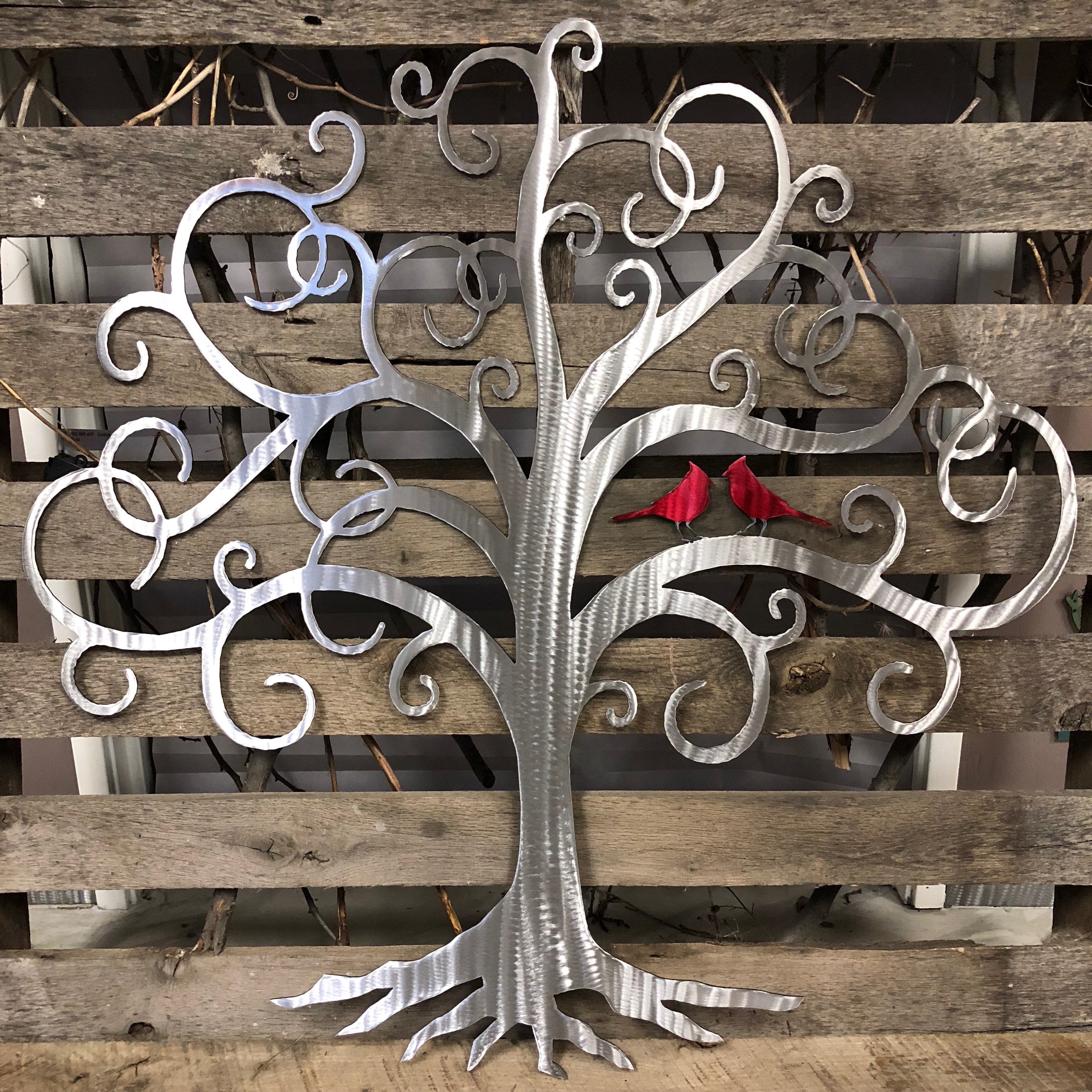 Curly Tree Of Life With Cardinals Metal Wall Art